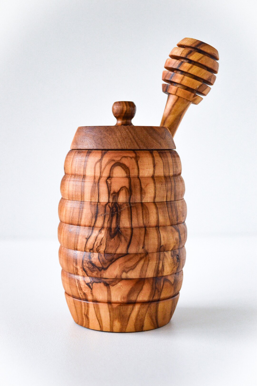 Olive Wood Honey Jar(4") With Honey Dipper(5.8"), Wooden Honey Pot With ...