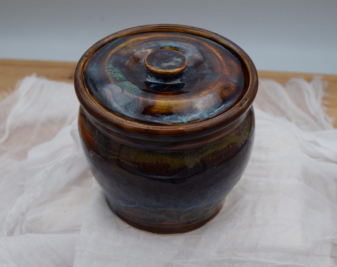 Brown Jar & Lid With Blue and Gold Accents Ceramic Storage Jar Handmade ...