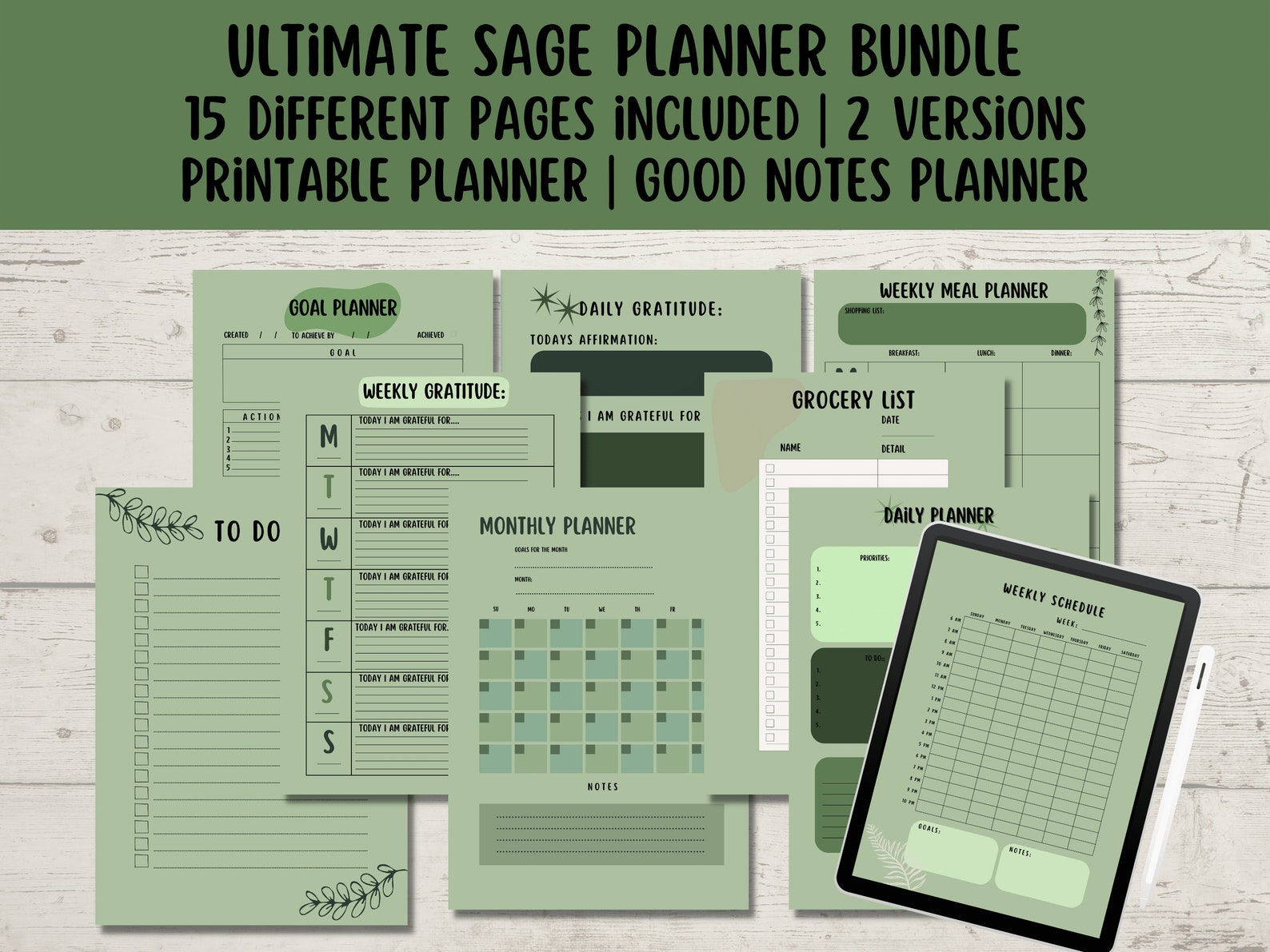 Sage Green Plant Planner Bundle, Printable Planner, Goodnotes Planner ...