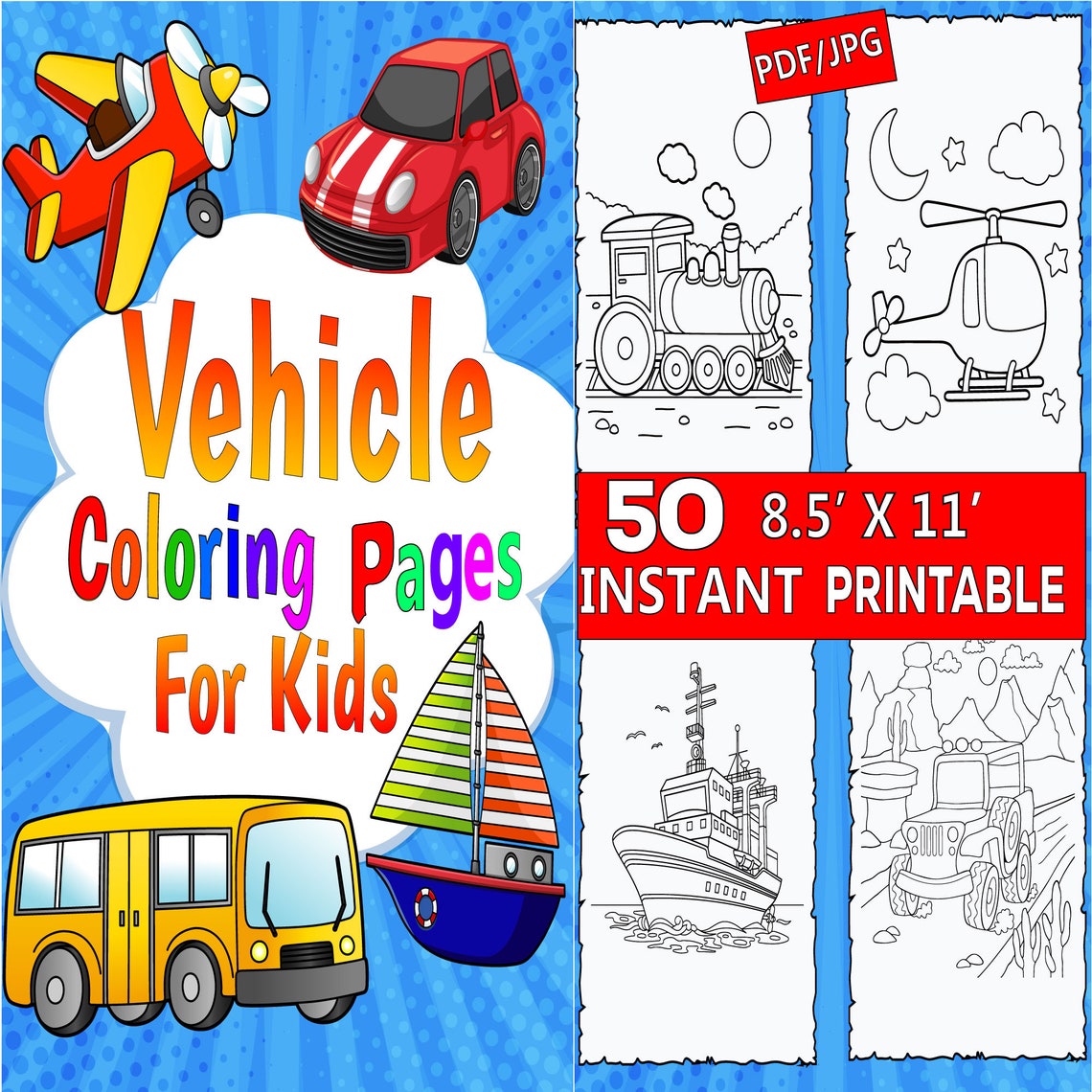 Vehicle Coloring Pages for Kids | 50 Printable Cars Coloring Book Pages ...