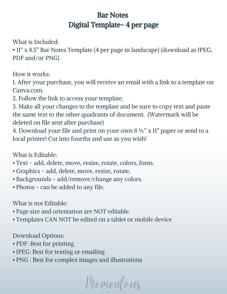 Bar Notes Digital Template- 4 per Page, Fun and Modern, Editable and ...