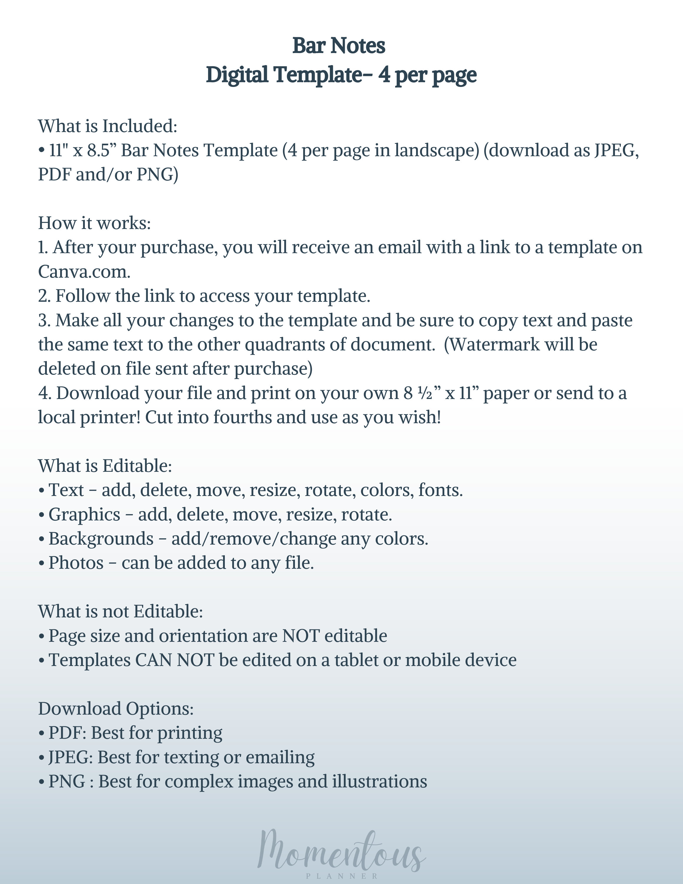 Bar Notes Digital Template 4 per Page, Fun and Modern, Editable and ...