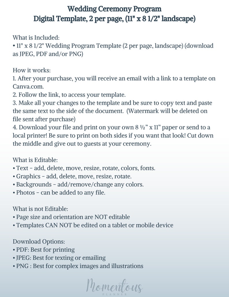 Wedding Ceremony Program Digital Template- 2 per Page, 11" X 8 1/2 ...