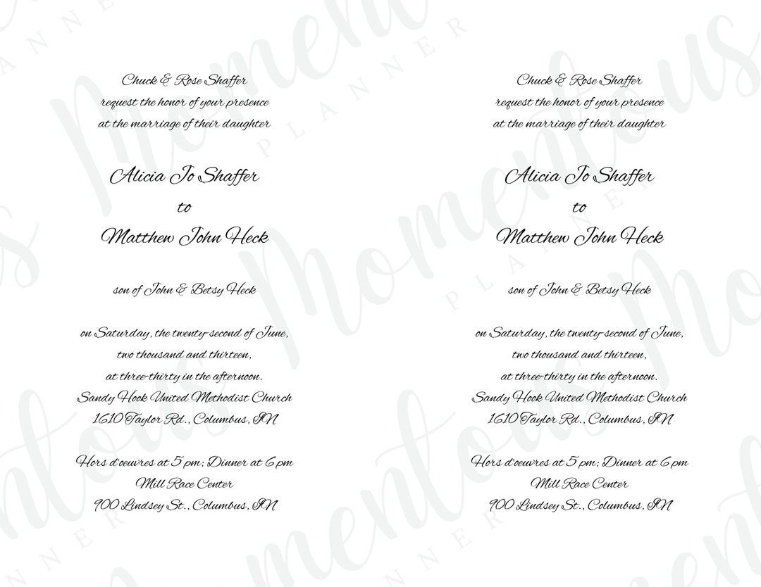Wedding or Special Event Invitation Digital Template, 2 per Page, 11" X ...
