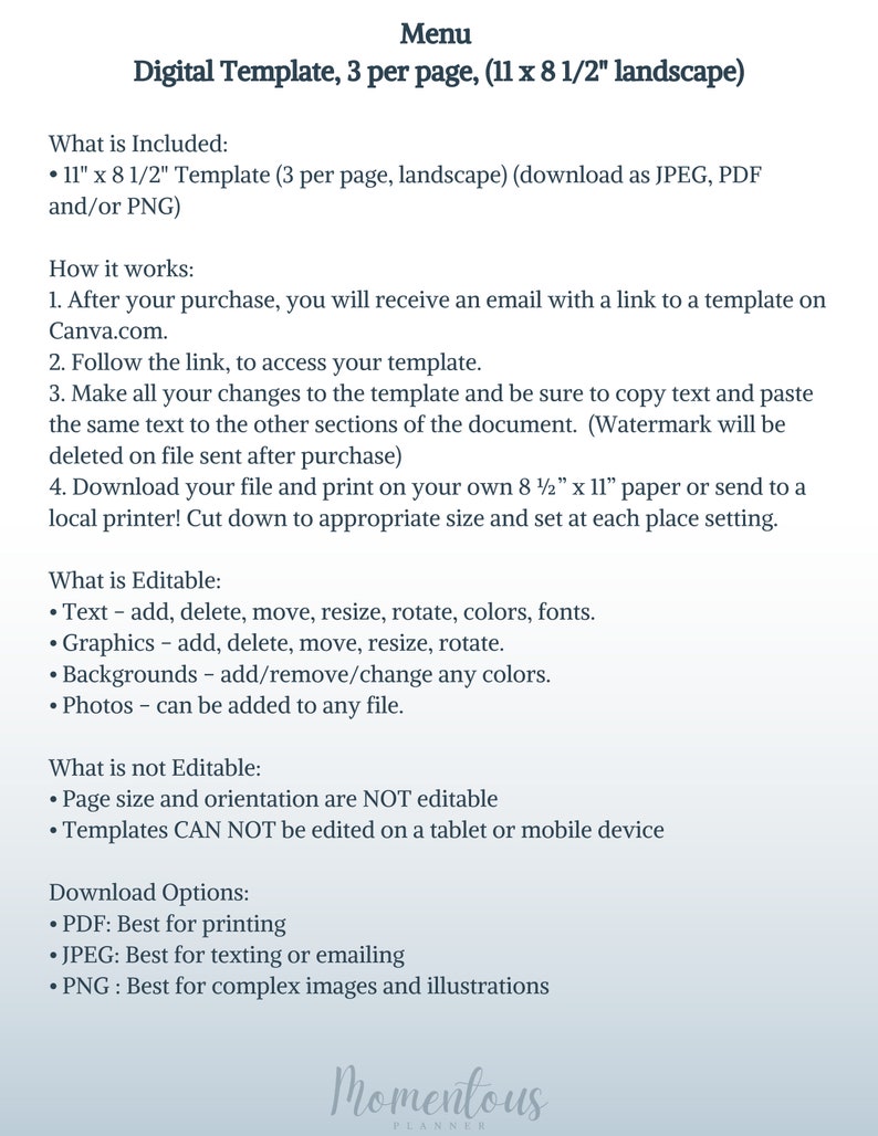 Menu Digital Template- 3 per Page, 11" X 8 1/2" (landscape), Elegant ...