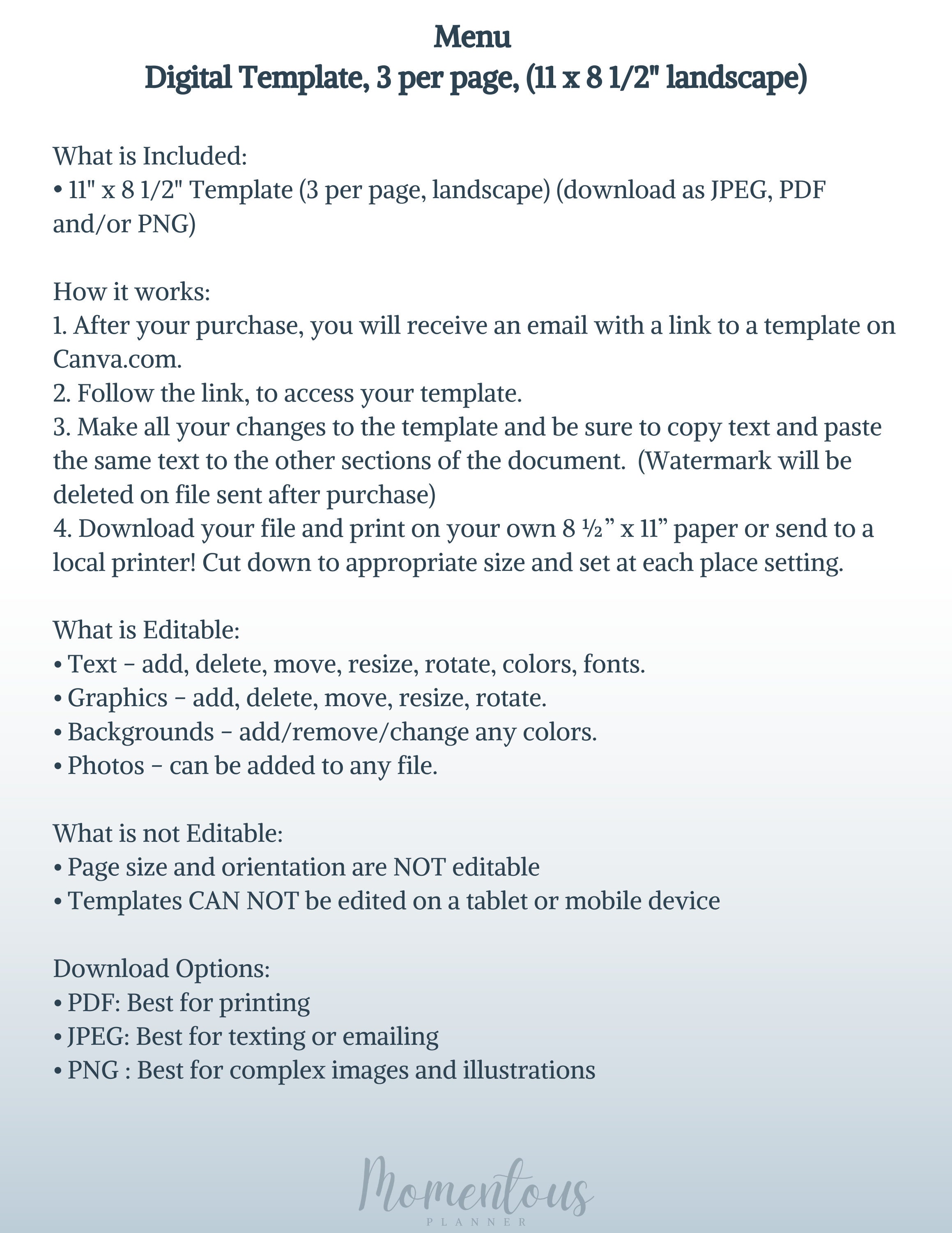 Menu Digital Template- 3 per Page, 11" X 8 1/2" (landscape), Elegant ...