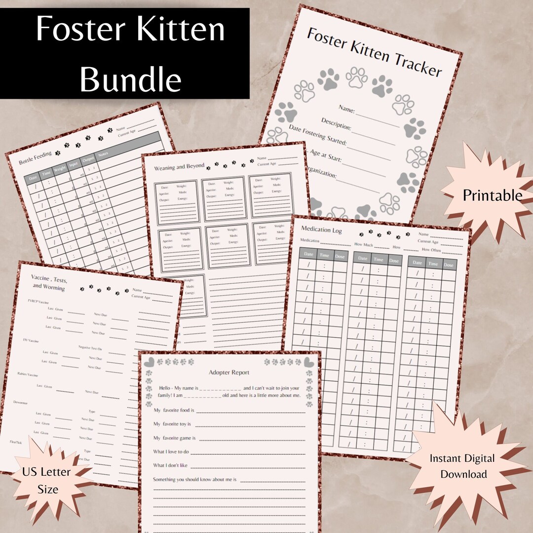 Foster Kitten Bundle- Bottle Baby, Daily Tracker, Medication Tracker ...