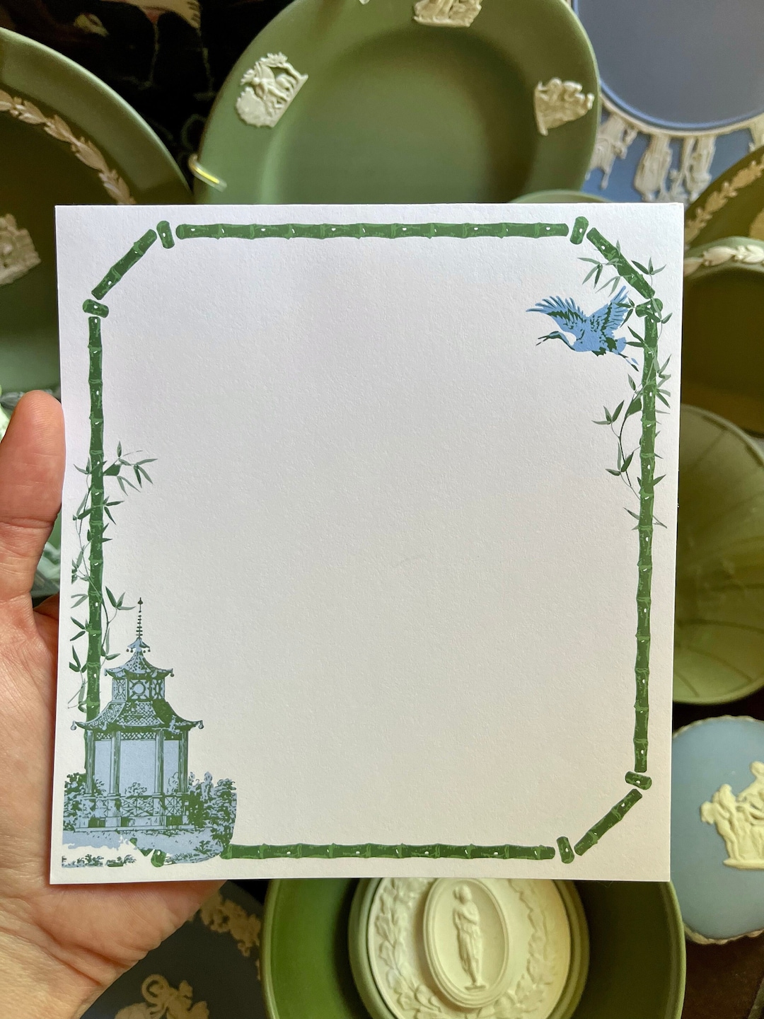 Notepad Chinoiserie Pagoda and Crane With Bamboo Border in Light Blue ...