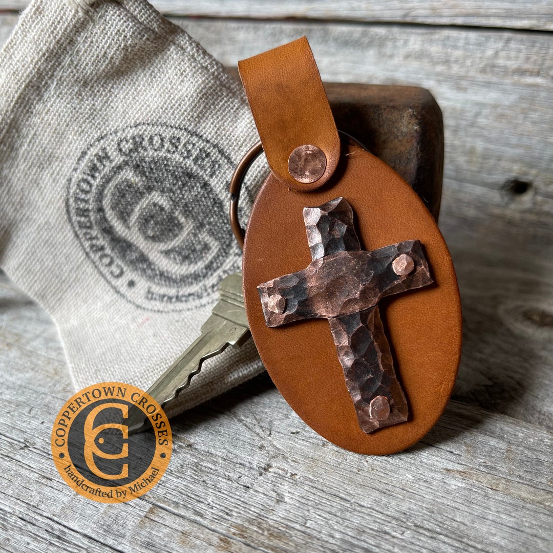 Custom Cross Keychain - Copper and Leather - Artisan Handmade, Hand ...