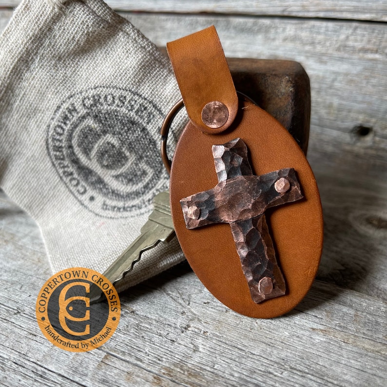 Custom Cross Keychain - Copper and Leather - Artisan Handmade, Hand ...
