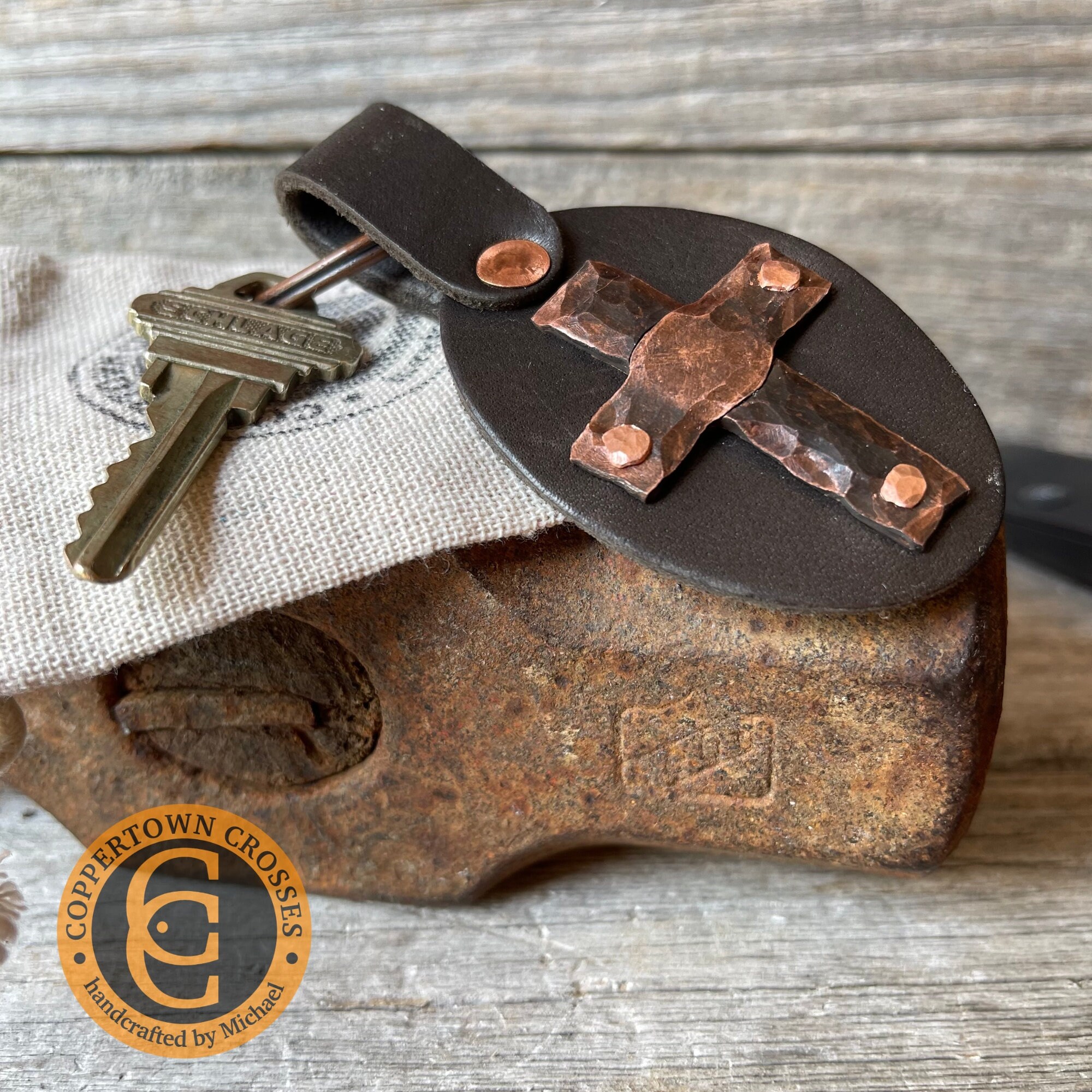 Custom Cross Keychain Copper and Leather Artisan Handmade, Hand ...