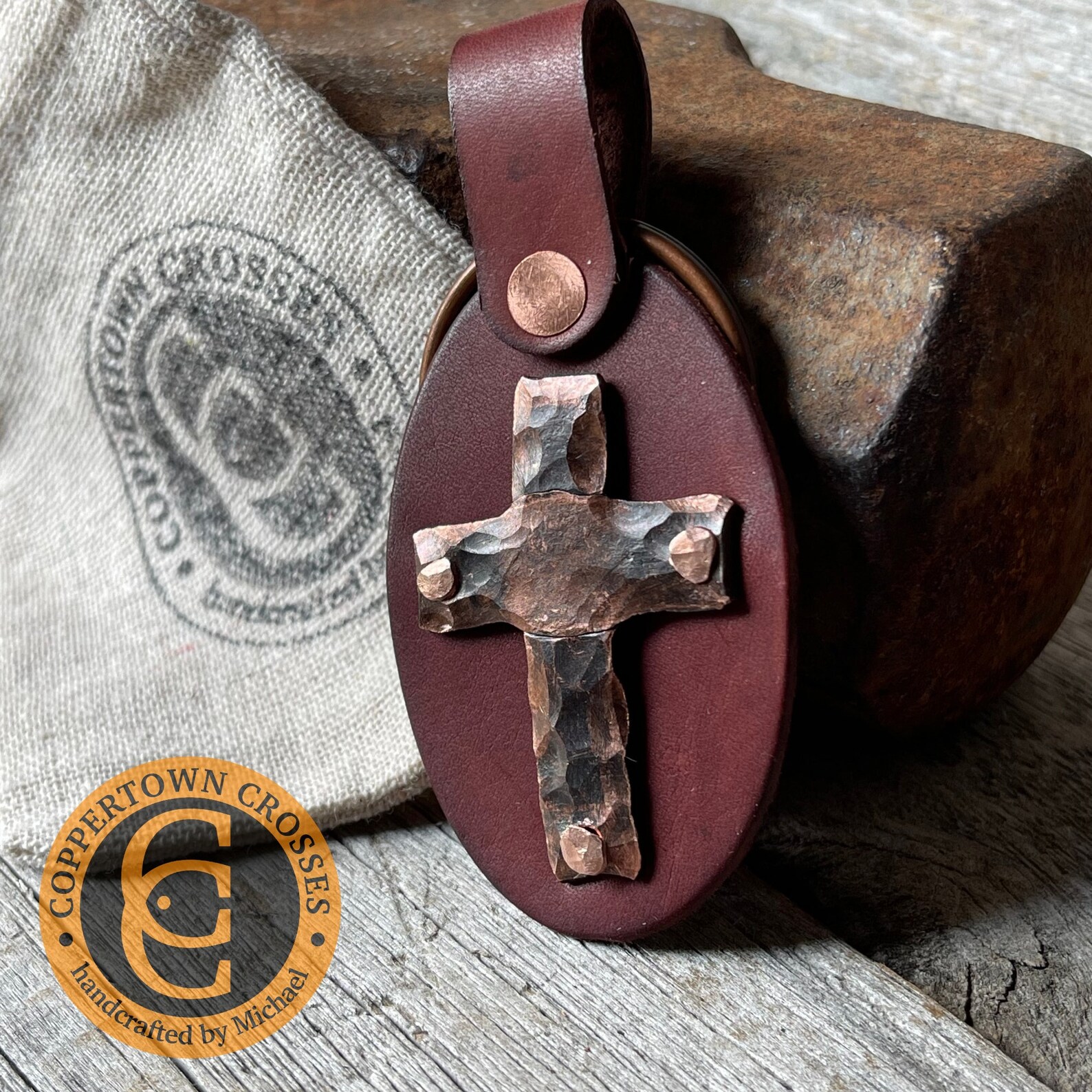 Custom Cross Keychain - Copper and Leather - Artisan Handmade, Hand ...