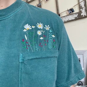 Floral Embroidered Comfort Colors Pocket T-shirt, Spring Gift for Her ...