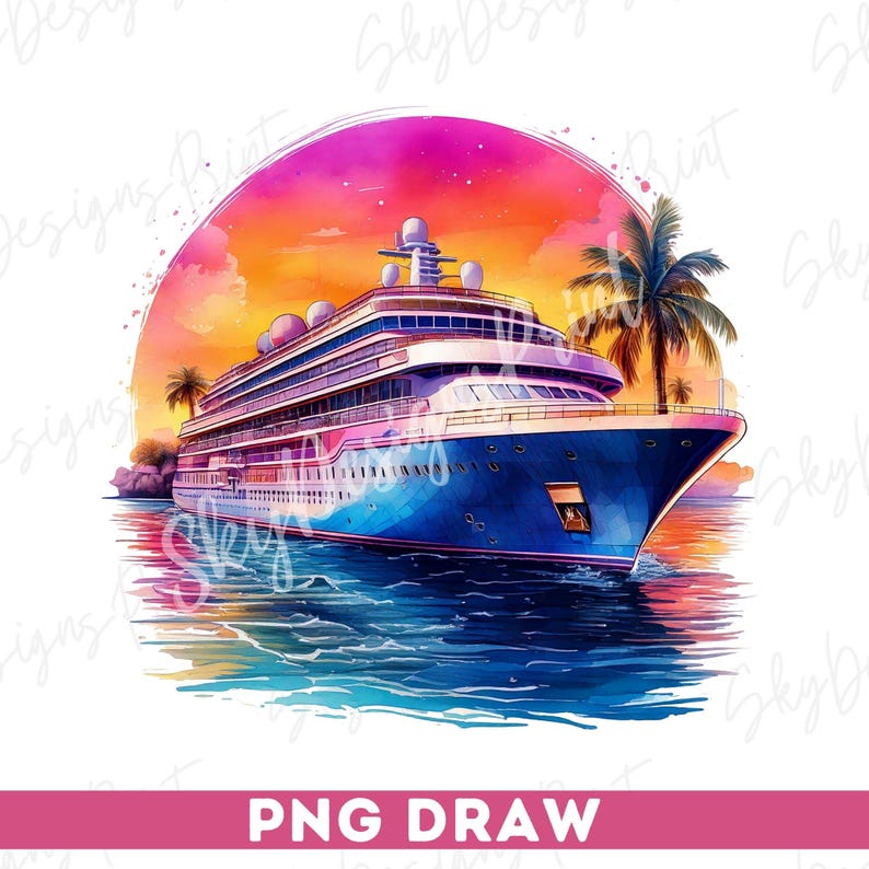 Watercolor Cruise Ship PNG: Colorful Vacation Design (digital Download ...