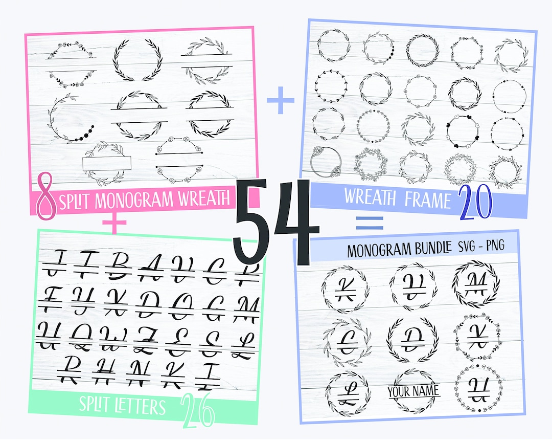 Split Monogram Alphabet SVG, Wreath Svg Bundle, Split Monogram Frame ...