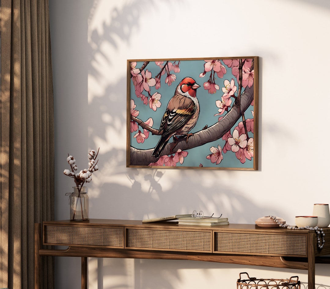 Red Headed Finch Poster, Cherry Blossoms, Wild Birds, Pink Flowers ...
