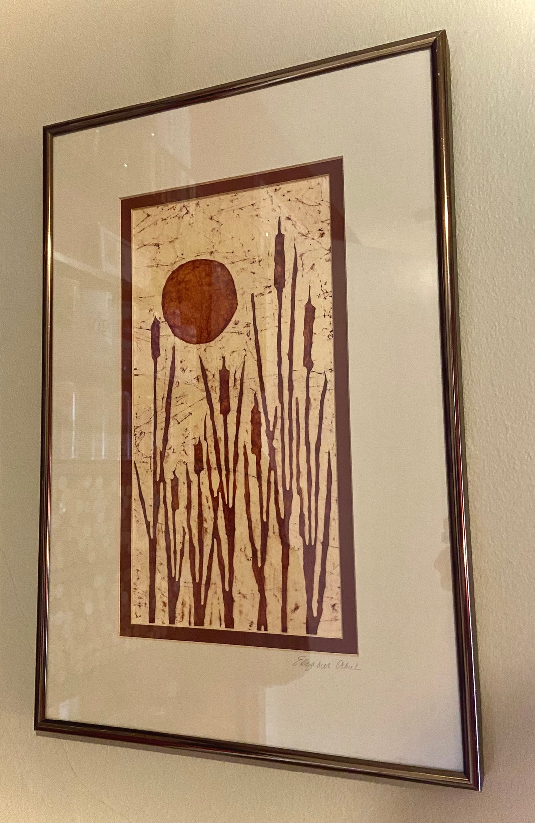 1990s Watercolor Print Art Framed Glass Metal Rose Gold Color Frame 18 ...