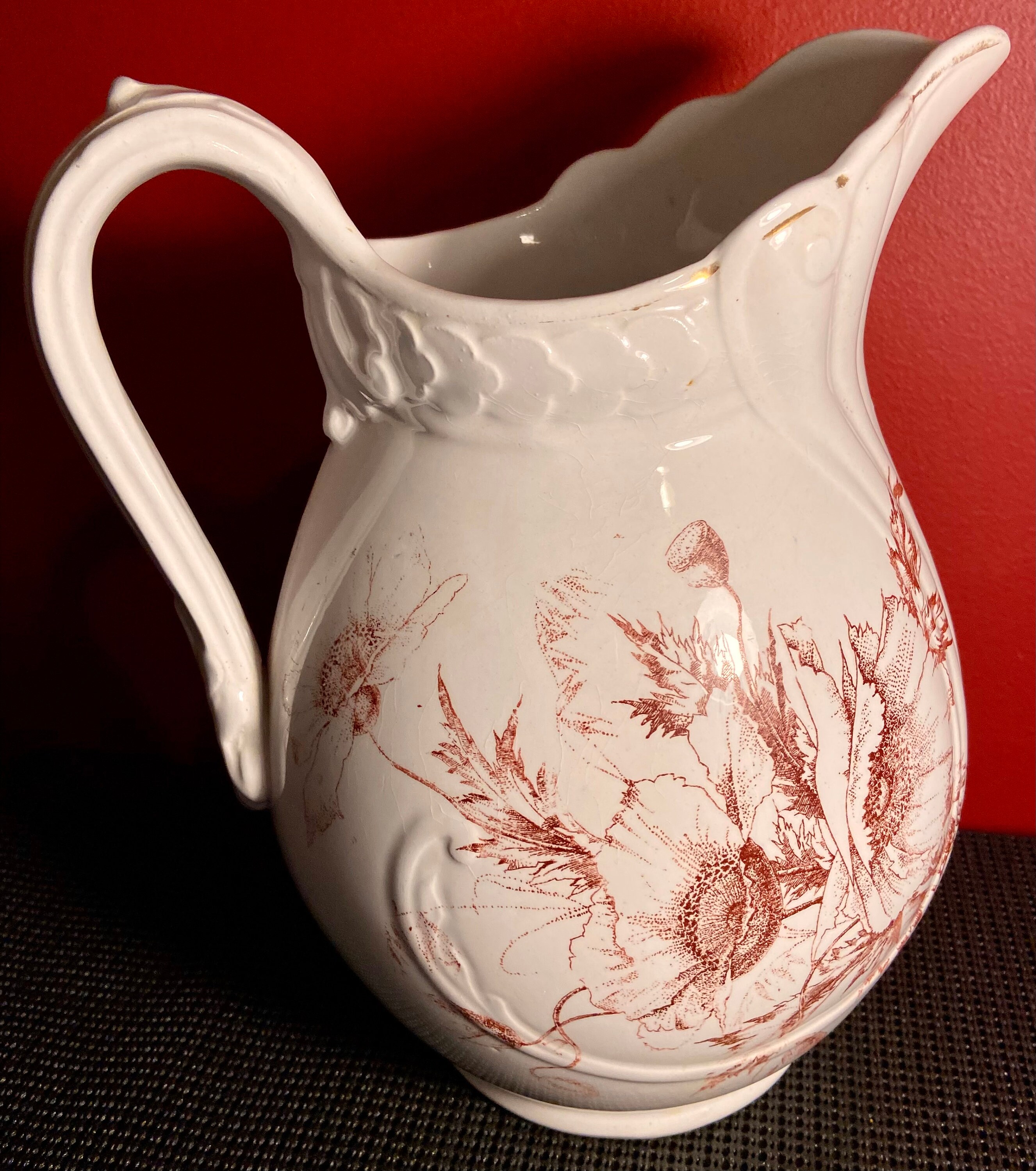 Large Ceramic Water Pitcher Watering Pot Flowers Floral Design White ...