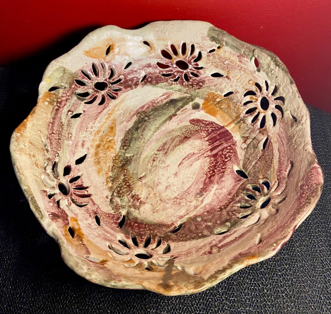 Hand Made Bowl Pottery With Cutout Floral Pattens 11” - Etsy