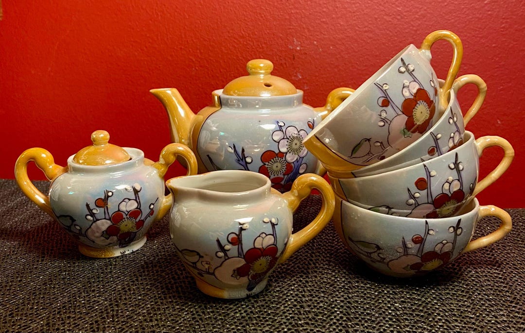 Vintage Japanese Orange Lusterware Floral Design Teapot and Creamer 7pc ...