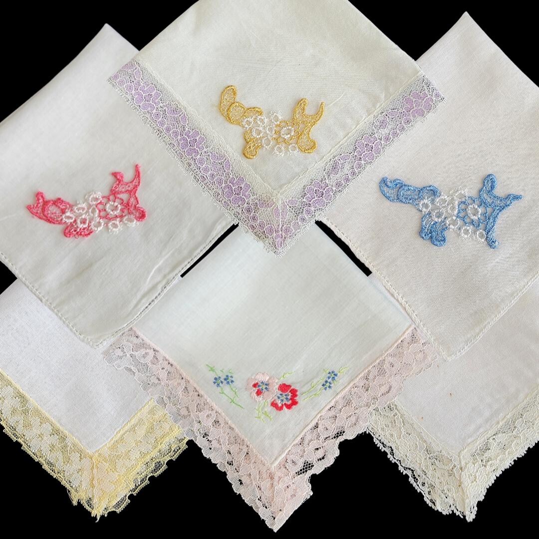 Vintage Handkerchiefs, Corner Embroidery, Lace Border, Wedding Gift ...