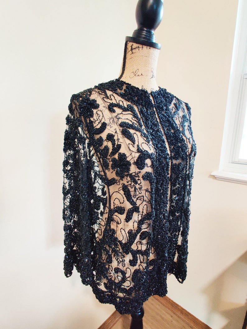 Vintage Black Beaded Evening Jacket, Extravagantly Embellished With ...