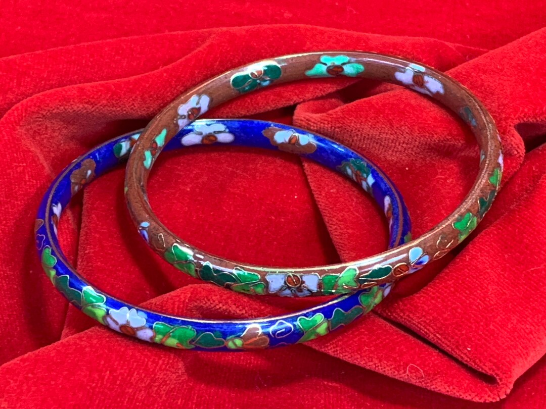 Pair of Vintage Cloisonne Enamel Bangle Bracelets Blue and Red With ...