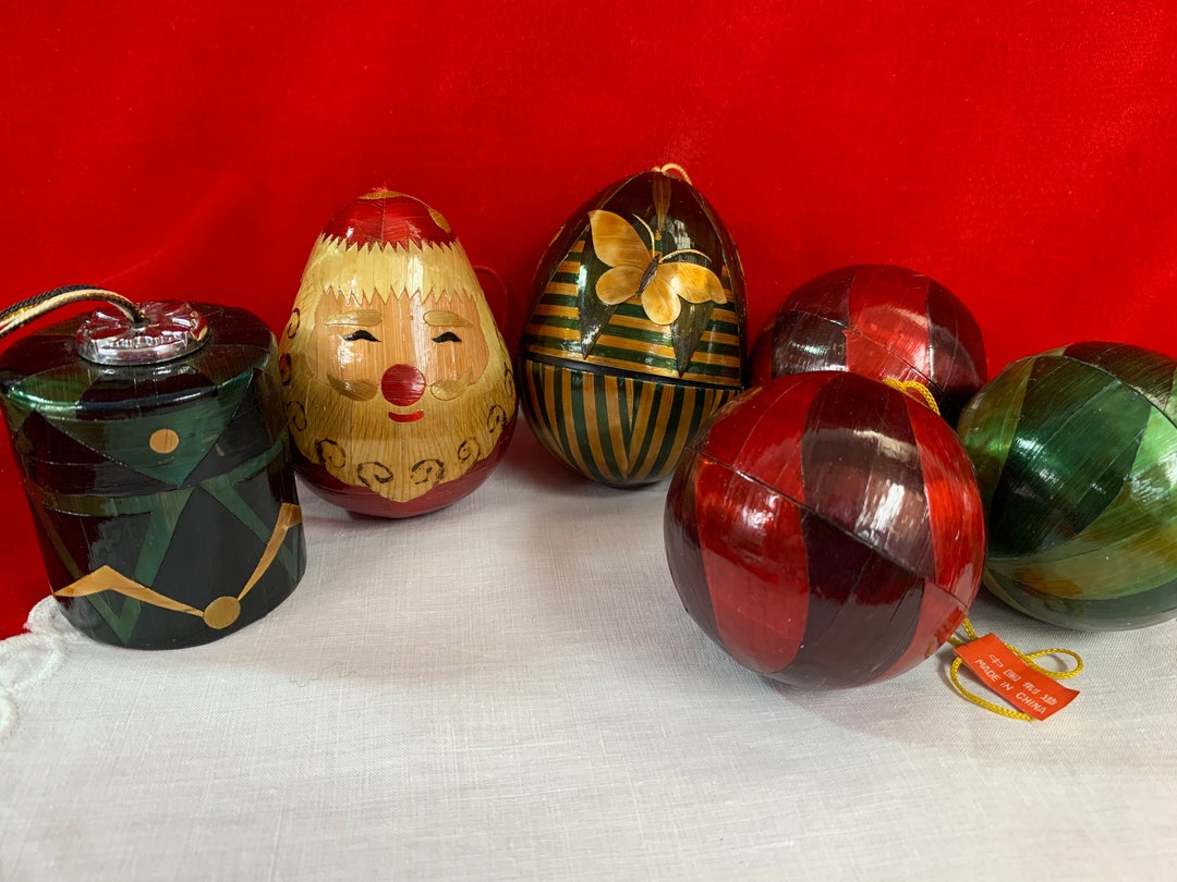 Paquetry Chinese Christmas Ornaments Lot of 6, Santa, Drum, Egg Shape ...