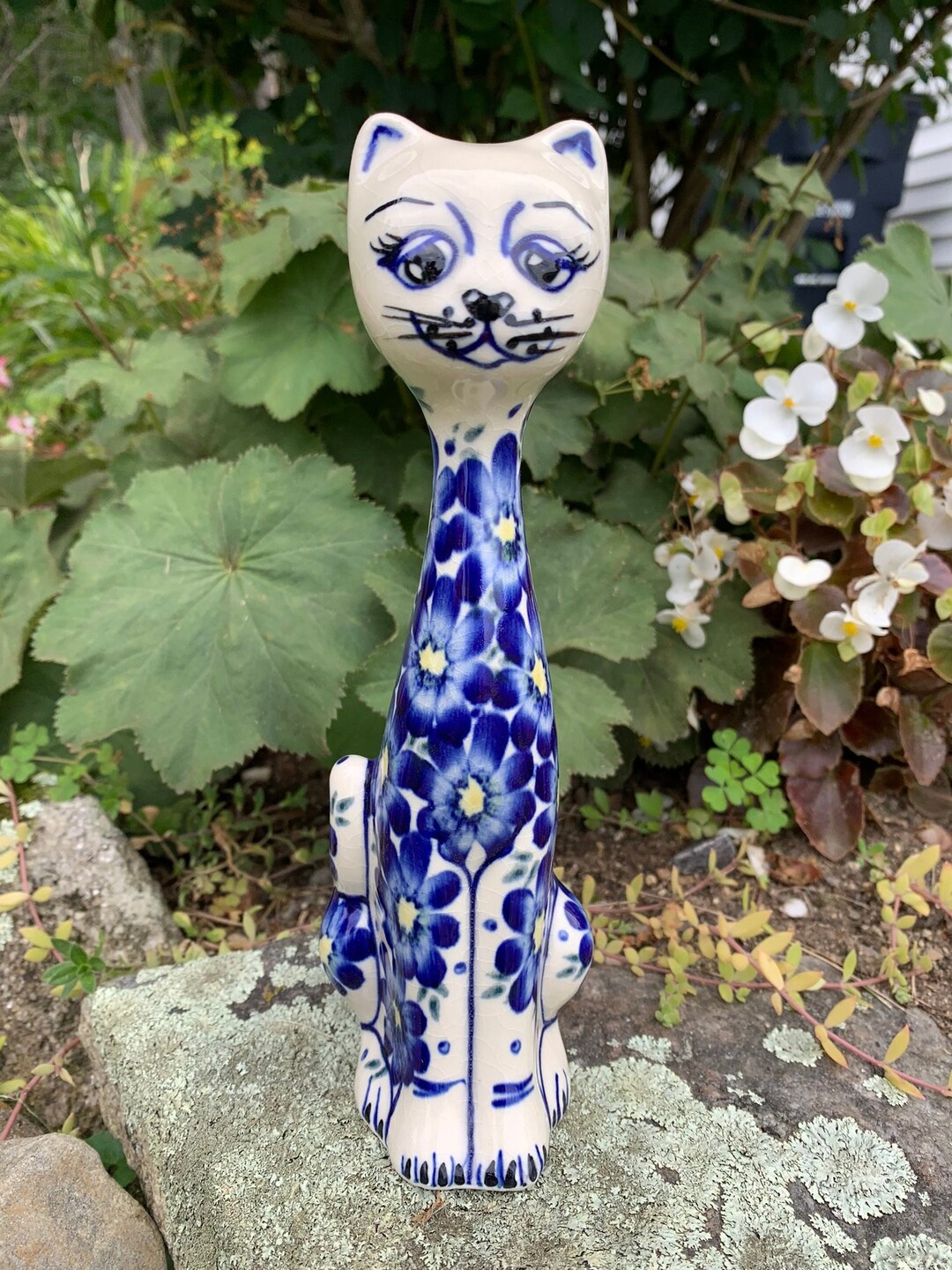 Unikat Polish Pottery Cat Figurine With Blue Floral Design - Etsy