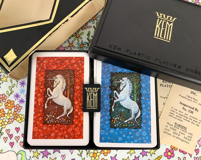 Vintage KEM Plastic Playing Cards 2 Deck Set UNICORNS in Plastic Case ...
