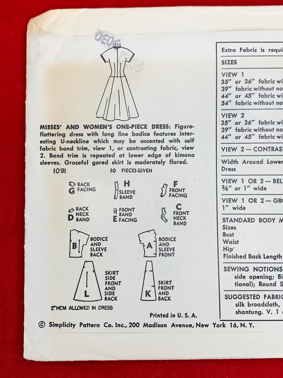 1950s Mid-century Dress Sewing Pattern: Simplicity 1091, Bust 32, Uncut ...