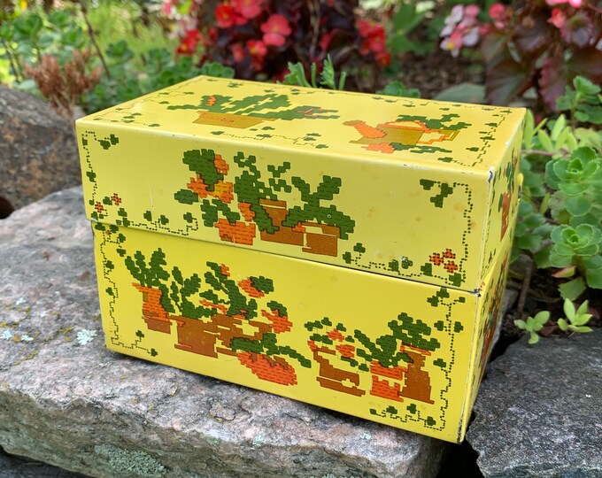 Vintage Syndicate Tin Metal File Box Yellow With Pixelated Plants and ...