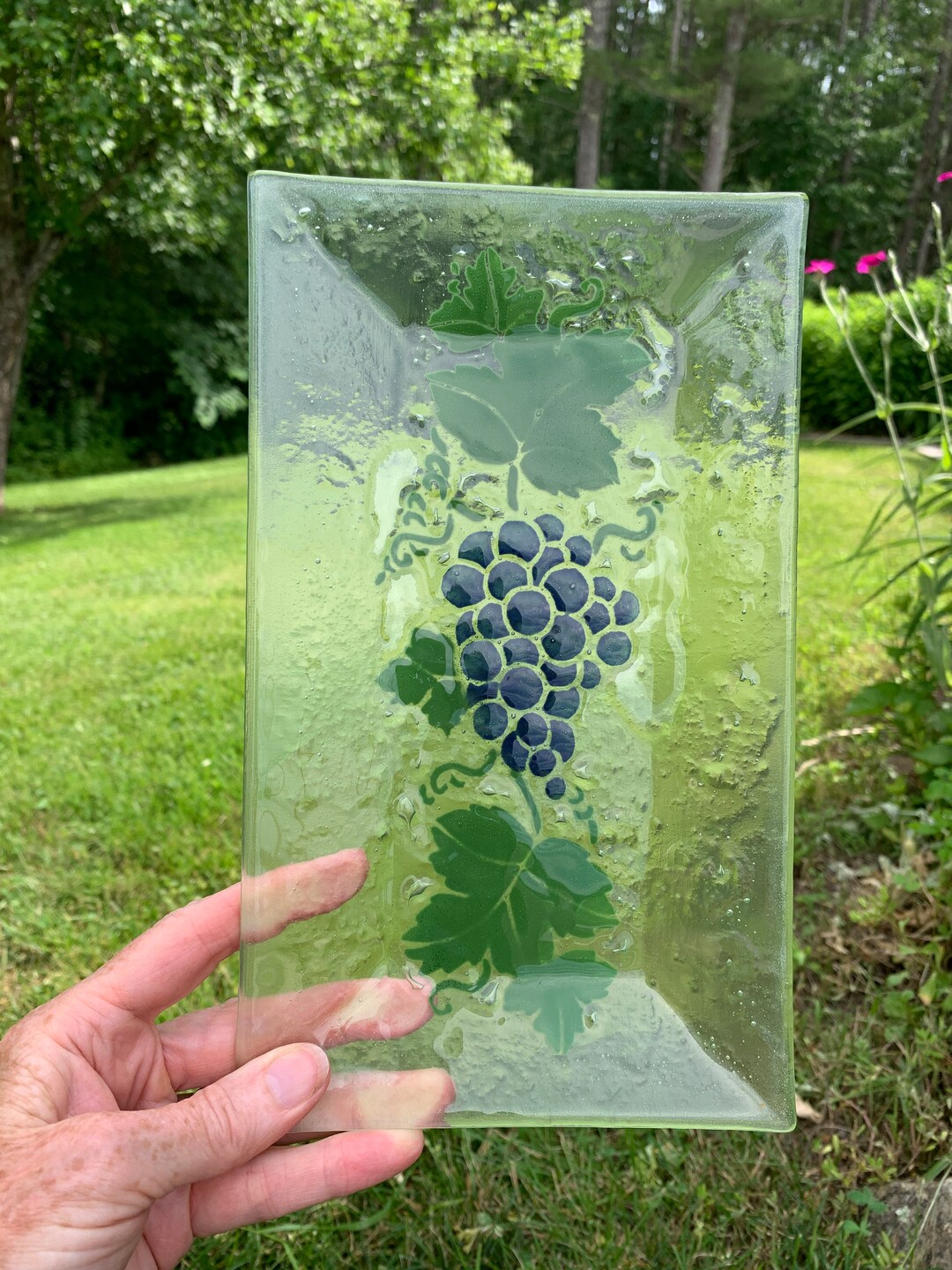 Fused Glass Rectangular Tray Platter Plate With Grape Design 10 In. X 6 ...
