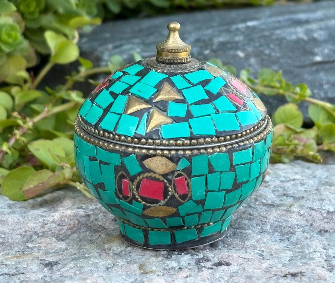 Vintage Small Round Metal Container Trinket Box With Metal, Turquoise ...