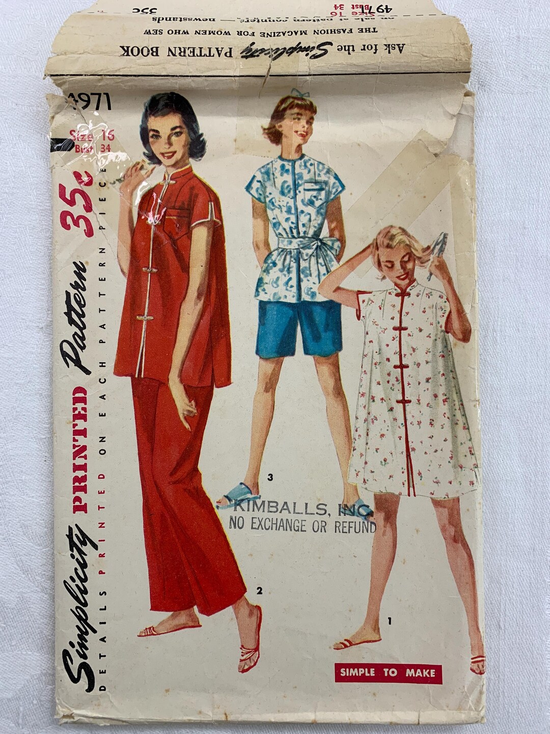 Vintage Simplicity 4971 Misses Pajama Printed Sewing Pattern | Size 16 ...