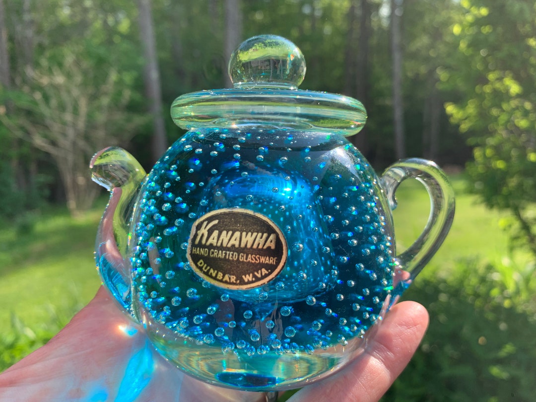 Kanawha Blue Glass Teapot Shaped Paperweight Controlled Bubbles ...