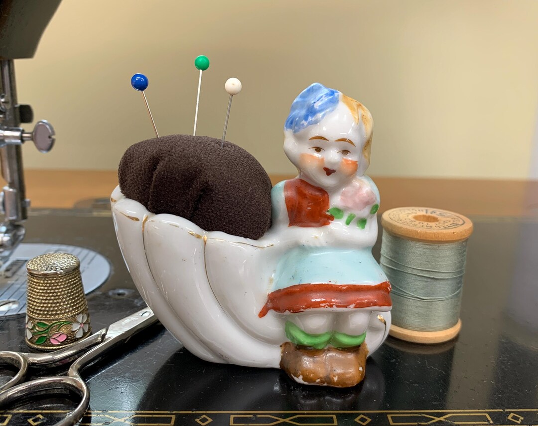 Pincushion Made With Vintage Repurposed Small Planter With Girl | Gift for Sewer, Stitcher ...