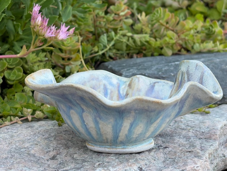 Handmade Pottery Trinket Dish: Aqua Blue & Tan Glaze, Wavy Edge - Etsy