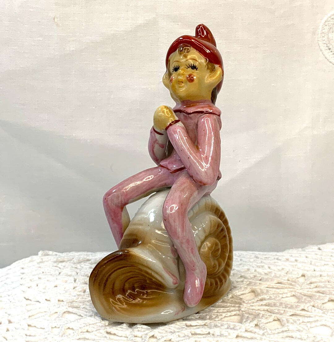 Vintage Pixie Elf Riding on a Snail Figurine | Kitsch Elf Pixie ...