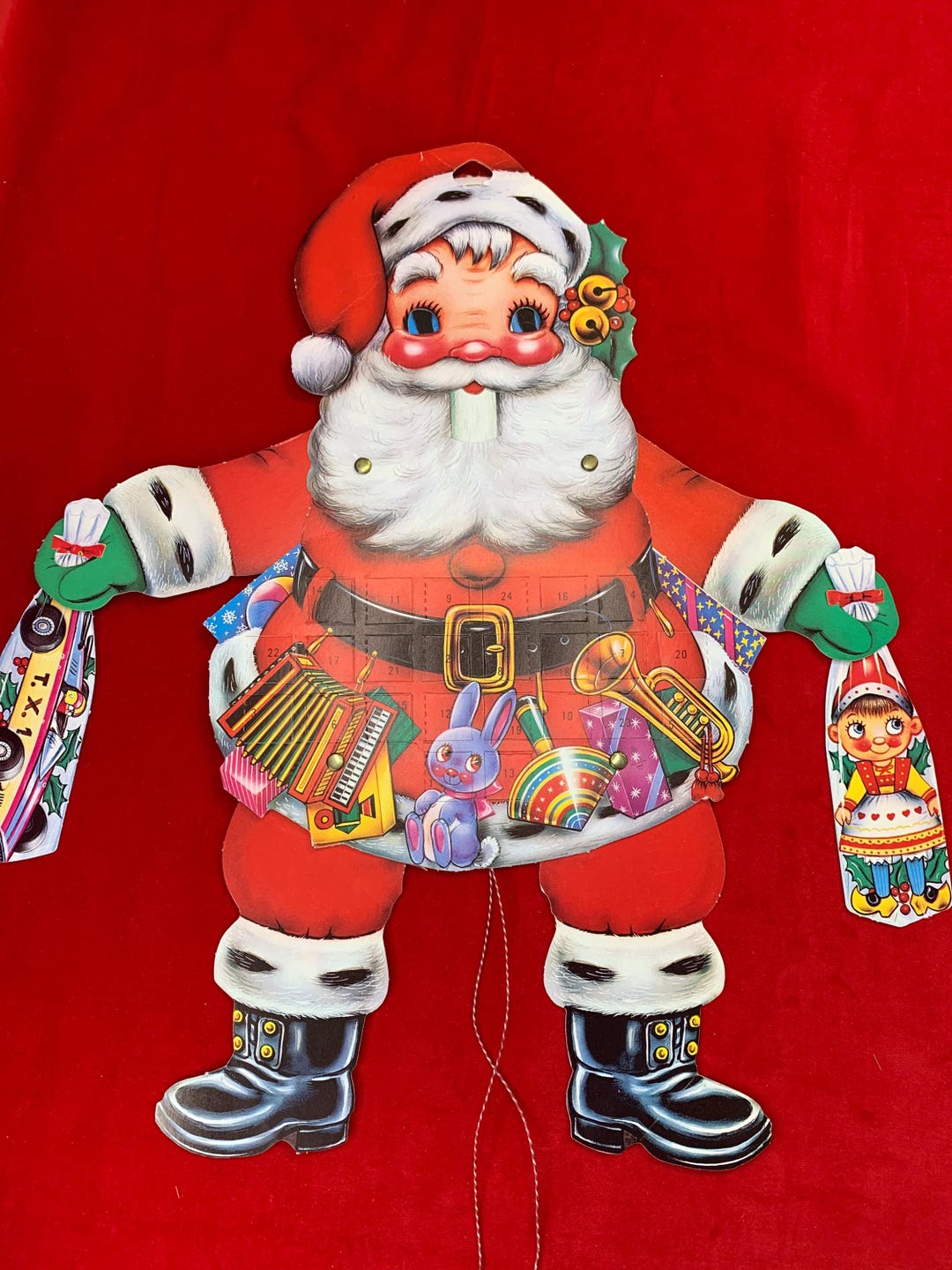 Vintage Die Cut Jumping Jack Santa Advent Calendar Pull String Action ...