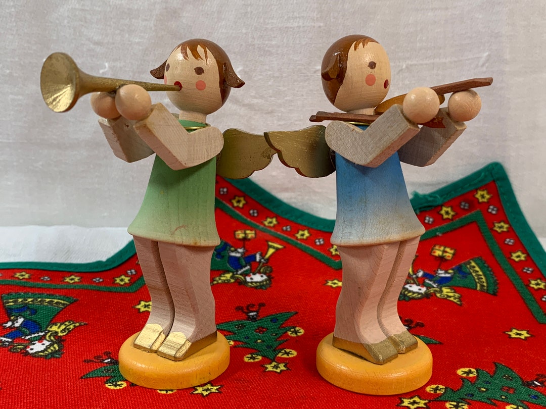Erzgebirge Wooden Angel Figurines Playing Musical Instruments Violin ...