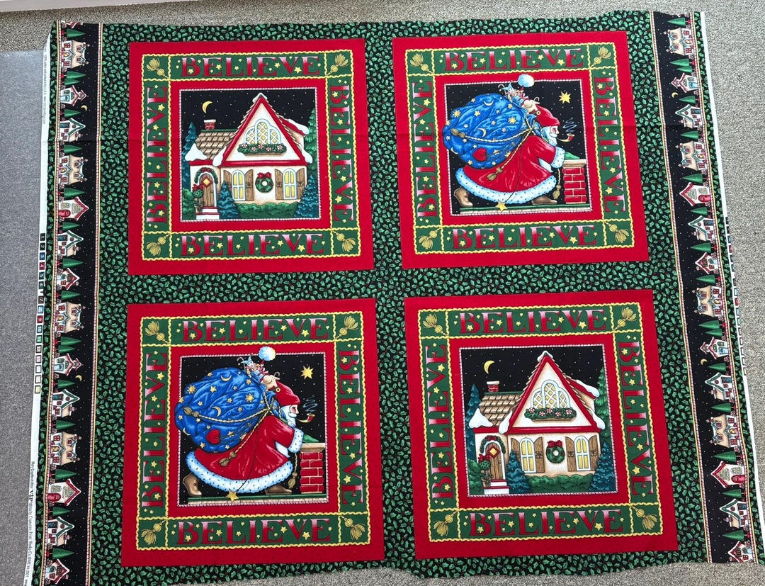 Mary Engelbreit BELIEVE Christmas Fabric Panels Santa and House ...