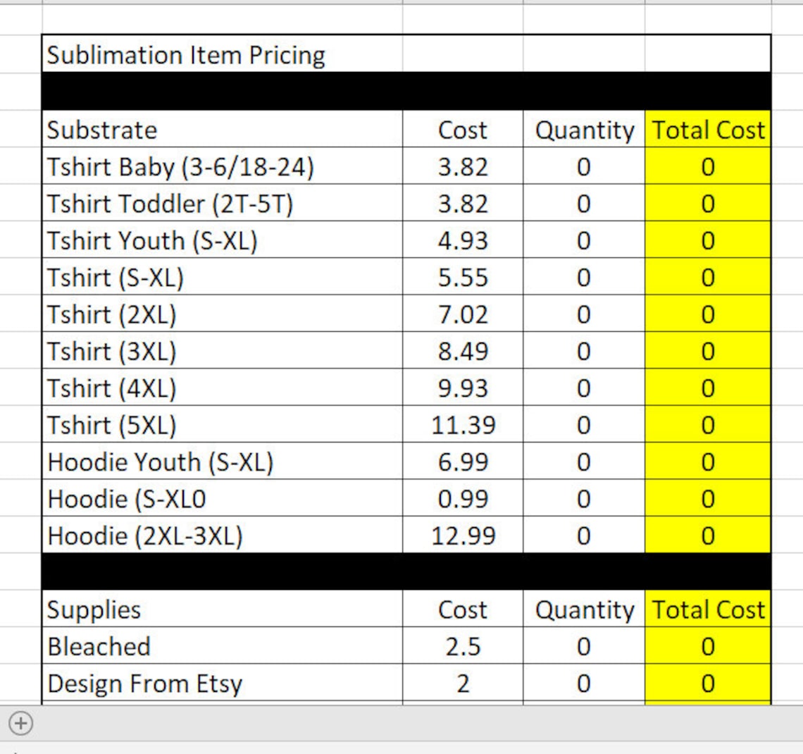 Sublimation Pricing Spreadsheet **EXCELL** - Etsy