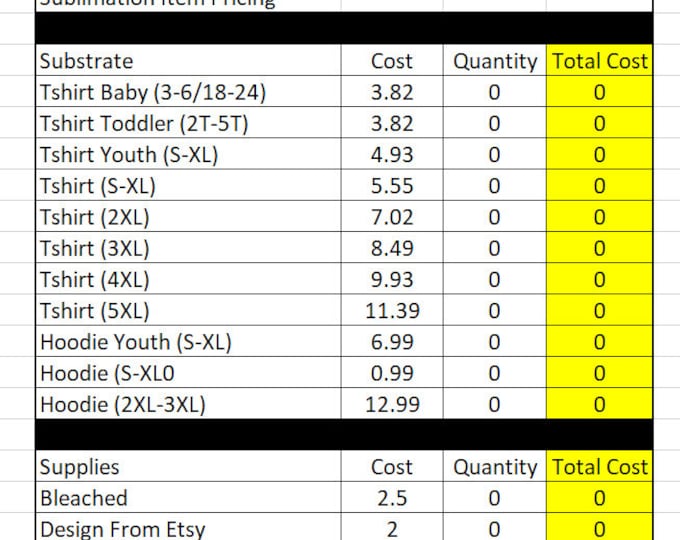 Sublimation Pricing Spreadsheet **EXCELL** - Etsy