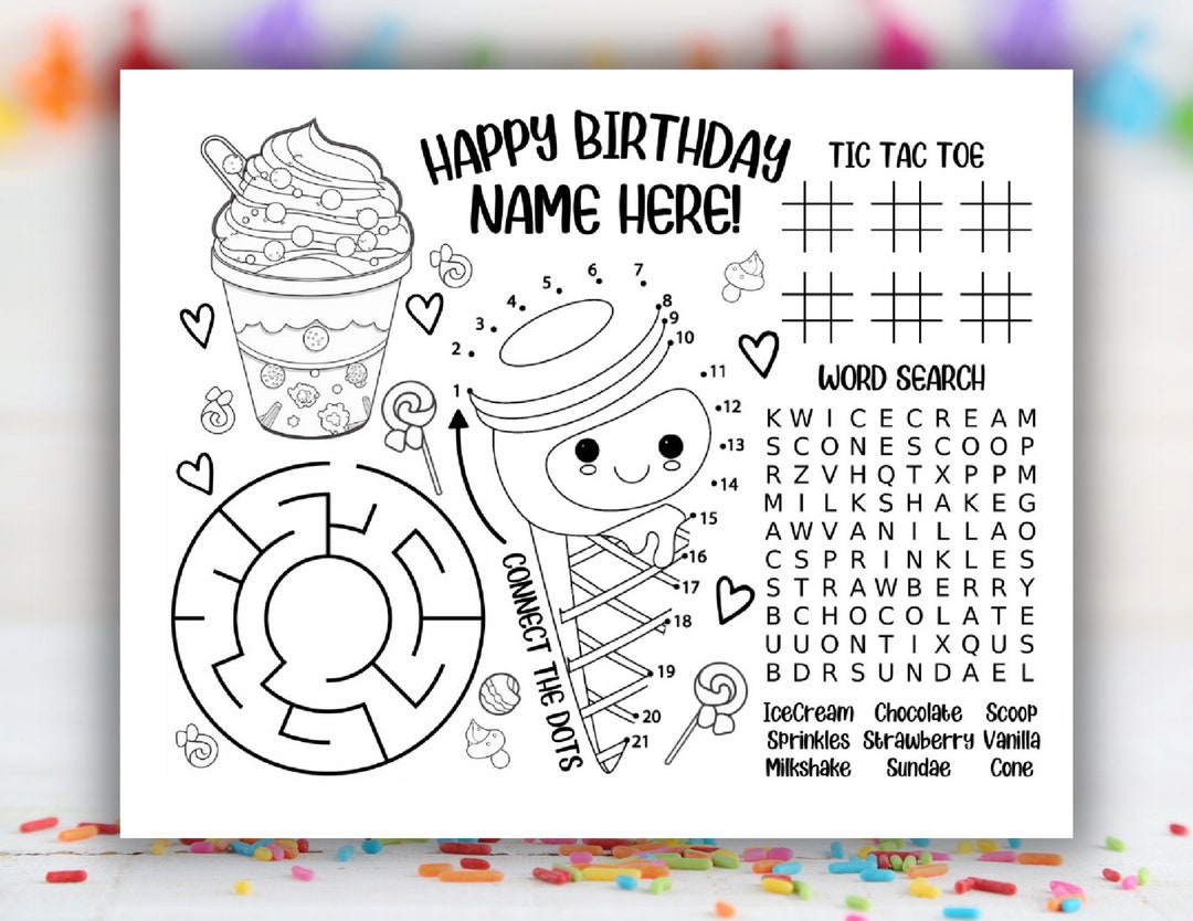 Ice Cream Party Coloring Placemat, Activity Placemat Birthday ...