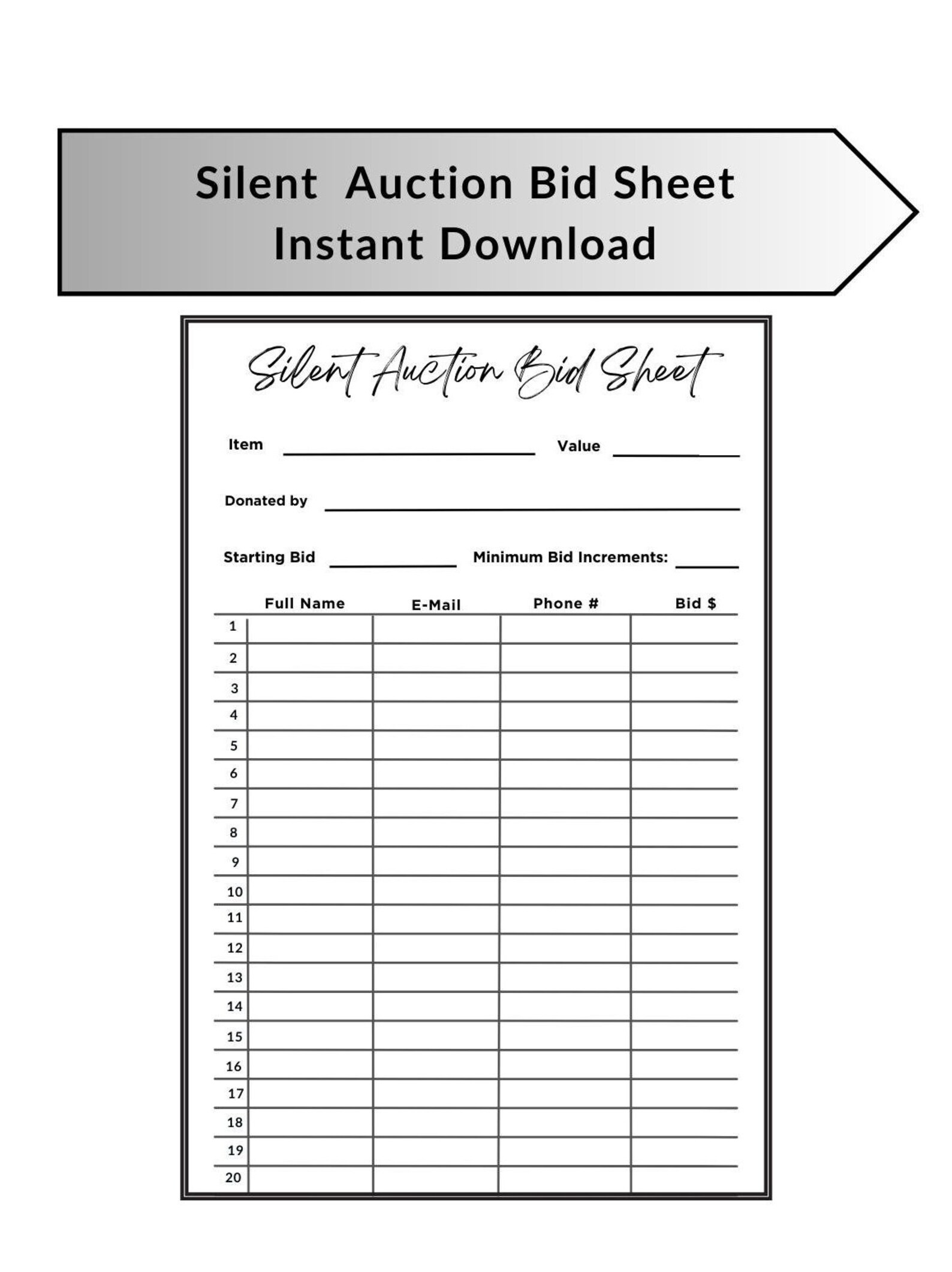 Silent Auction Bid Sheet, Silent Auction Sign up Sheet, Fundraiser Sheet, Silent Auction Bidding ...