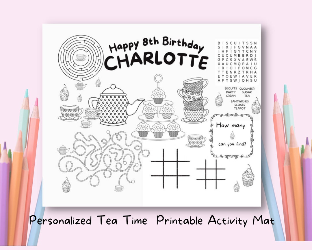 Birthday Placemat Tea Party Favors Printable Custom Birthday Activity ...