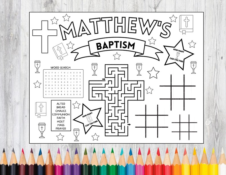Baptism Coloring Placemat, Baptism Favors, Christening Favors ...