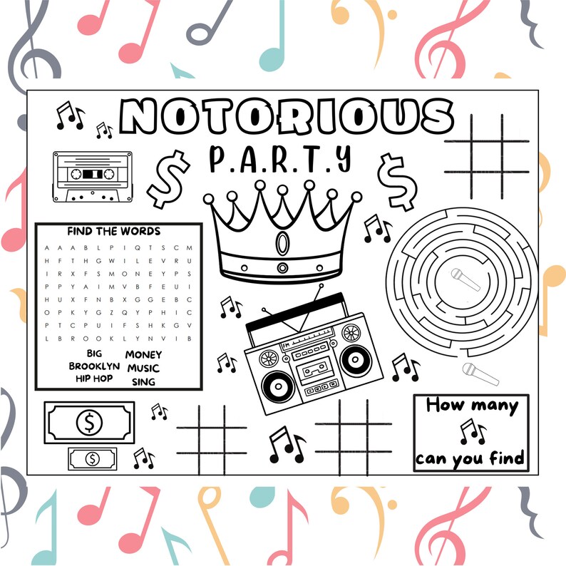 Notorious Party Kids Party Placemats , Coloring Placemat Printable ...