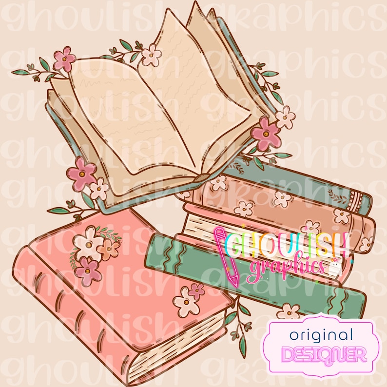 Whimsical Boho Floral Bookish PNG Sublimation Design Download Book ...